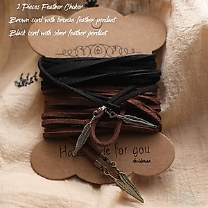 Doubnine Boho Feather Choker Wrap Necklace 2pcs Versatility Vegan Suede Y Lariat Gothic Black Brown Bronze Accessories for Women