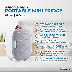 Subcold Pro6 Luxury Mini Fridge Cooler 6 Litre / 8 Cans AC & Exclusive USB Power Option Small Portable Fridge For The Office, Bedroom, Car, Skincare & Cosmetics Chequer Grey