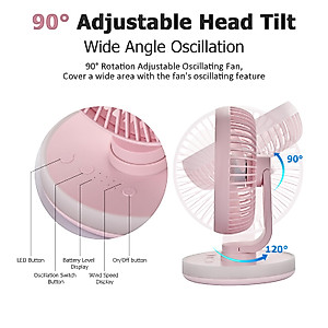 Portable Desk Fan with Circular LED Lights, 4 Speeds, 90° Rotation Adjustable Oscillating Fan, 4000mAh Rechargeable Fan, Battery Powered Quiet Personal Fan for Home Office, Detachable Cleaning (Pink)