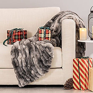 RECYCO Soft Rabbit Faux Fur Throw Blanket, Luxurious Ruched Blanket for Christmas Holiday, Couch, Bed, Living Room, Sofa. Fuzzy, Warm Throw Blanket with Reversible Mink Velvet, Marbled Grey, 50"x60"