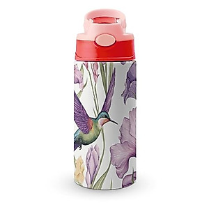 Stainless Steel Water Bottles Hummingbirds Irises Flowers Travel Water Cups with Handle And Silicone Straw Drinking Cup with Leak Proof Lid Thermo Travel Mug for Women Men