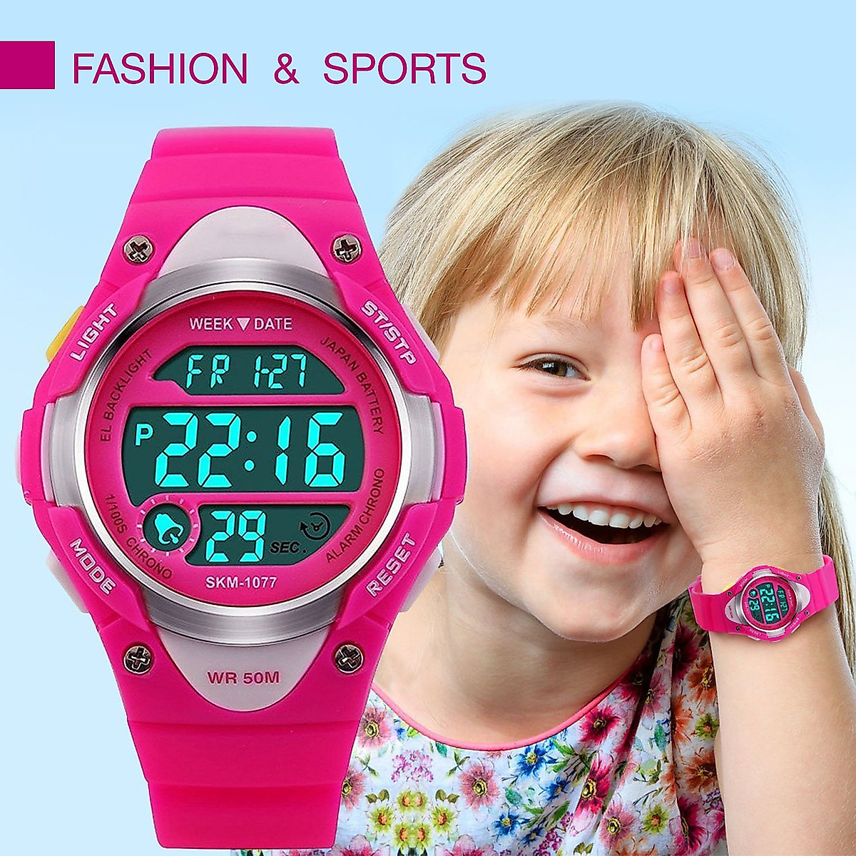 cofuo Girls Boys Digital Watch - Kids Sports Waterproof Outdoor Watches with Alarm Stopwatch Youth Children LED Electronic Wristwatch - Rose Red