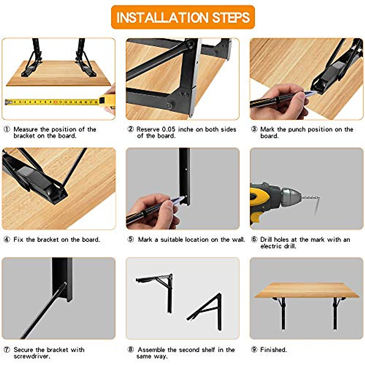 Ultrawall 24 inch Black Sturdy Folding Shelf Brackets, Heavy Duty Adjustable Steel Wall Mounted Collapsible Shelf Bracket, Max Load 550lb