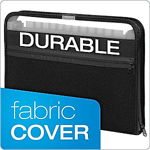 Globe-Weis Pendaflex 13-Pocket Fabric/Poly Expanding Zip File, A-Z, Monthly & Blank Adhesive Labels, Letter Size, Black Fabric Cover, Poly Dividers (84087BLK)