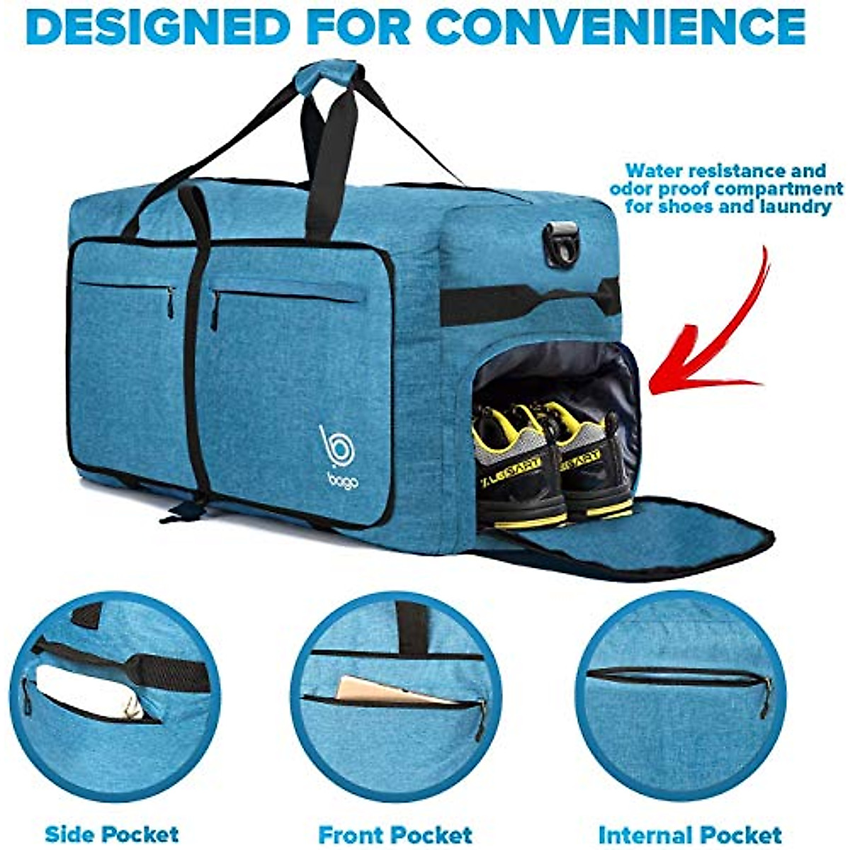Bago Large Foldable Duffel Bags for Traveling Women & Men - 100L Packable Duffle Bag for Travel with Shoe Compartment - Water Repellant, Heavy Duty, Lightweight Folding & Collapsible (SnowBlue)