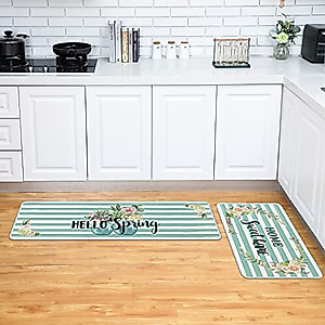 Hello Spring Sweet Home Kitchen Rugs Sets of 2 Spring Flowers Non Slip Floor Mat Watercolor Stripes Decorative Rug Washable Rubber Backing Inside Door Mat Pad for Kitchen Bathroom Farmhouse Decoration