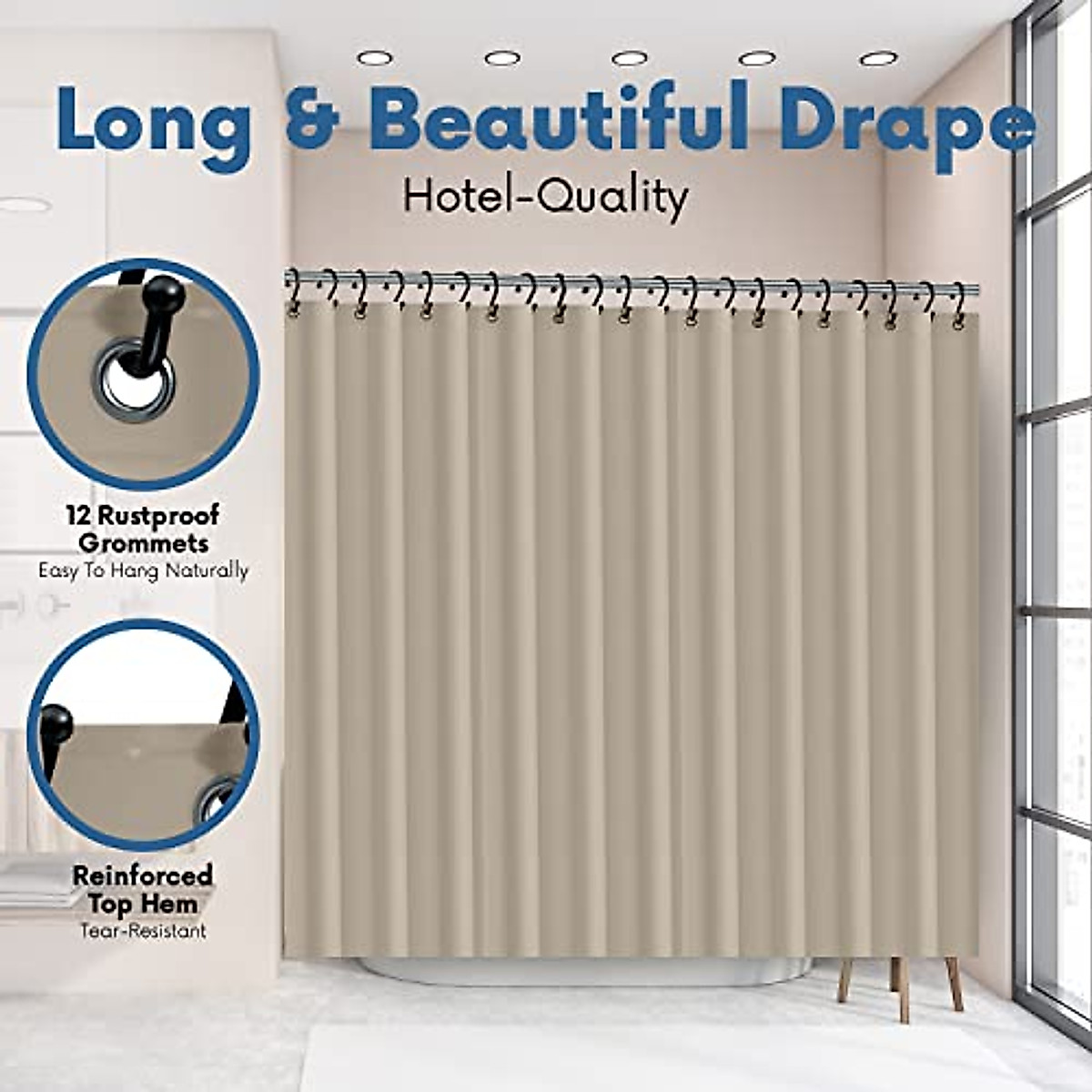 Premium Shower Curtain Liner, 72"W X 70"H - PVC-Free, 6G PEVA Shower Curtain with 12 Rust Proof Grommets And Magnet-weighted Bottom Hem - Moisture Stain Proof Shower Curtain Liner (Taupe)