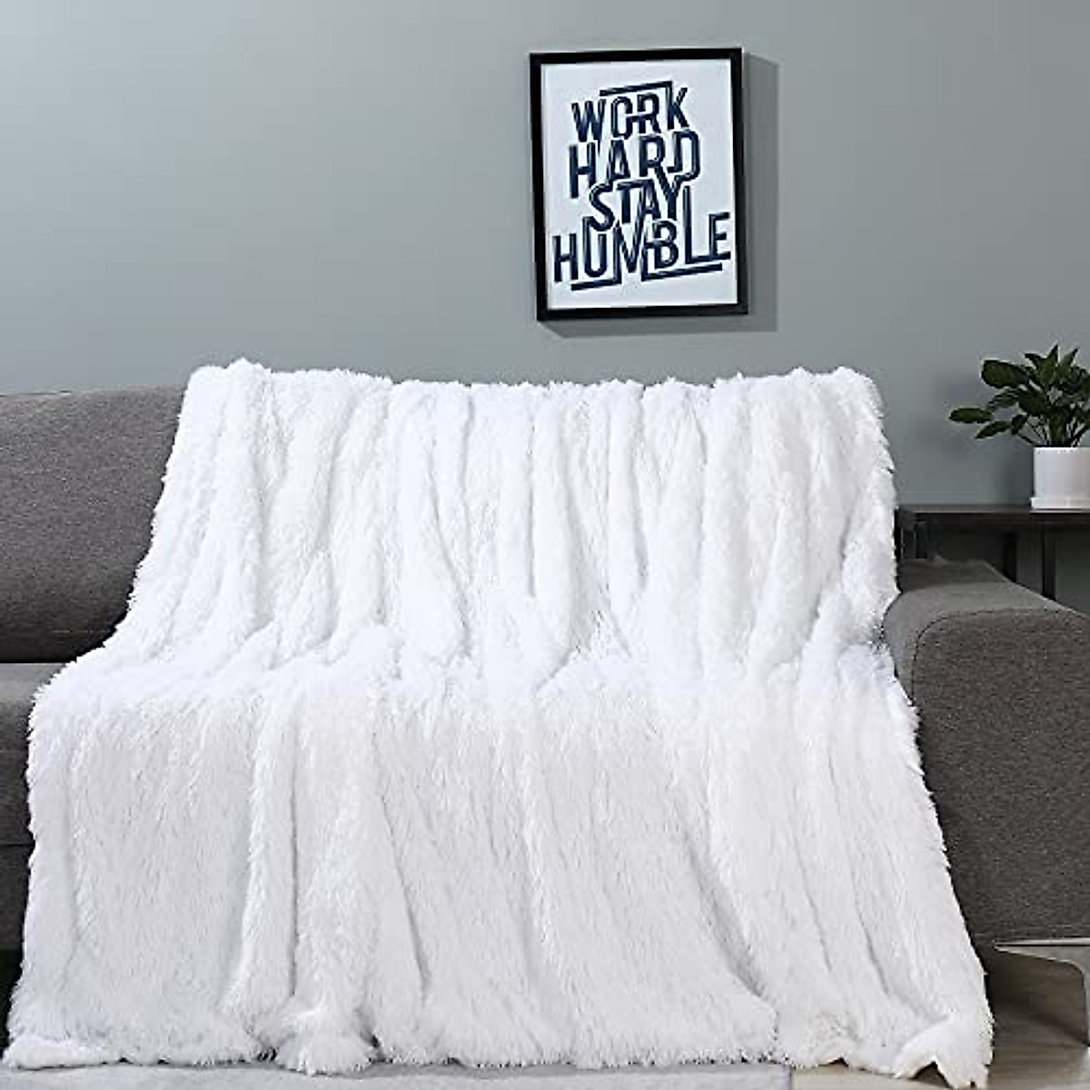 Decorative Extra Soft Faux Fur Throw Blanket 50" x 60",Solid Reversible Fuzzy Lightweight Long Hair Shaggy Blanket,Fluffy Cozy Plush Fleece Comfy Microfiber Fur Blanket for Couch Sofa Bed,Pure White