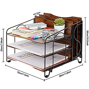 Aimeaihe Wood File Organizer, Metal Desk File Organizer with 3 Paper Letter Trays and 2 Vertical Upright Folder Holders, Desk Organizers and Accessories for Office Home School, Black