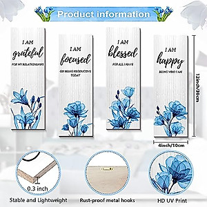 Creoate 4 Pieces Flower Pictures Blue Wall Decor Inspirational Living Room Wall Art Wooden Hanging Plaque - Thankful Grateful Blessed Home Decoration, Gift for Girls, Women，4x12x0.3 Inch x4pcs