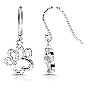 Hoops & Loops 925 Sterling Silver Puppy Dog Cat Pet Paw Print Love Heart Drop Dangle Hook Earrings for Women Men Teen Girls (Silver)