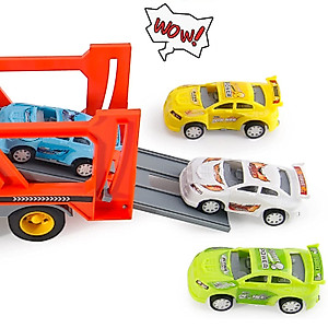 Liberty Imports Friction Powered Transport Car Carrier Truck Kids Toy - Heavy Duty Auto Transporter Trailer with Lights, Sound Effects, and Ramp (Includes 4 Removable Cars)