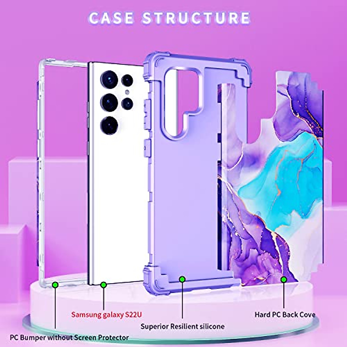 BQQFG for Galalxy S23 Ultra 5G Case,Marble Design Three Layer Heavy Duty Shockproof Hybrid Hard Plastic Bumper Soft Silicone Rubber Drop Protective Cover Case for Galaxy S23 Ultra 5G 6.8",Purple