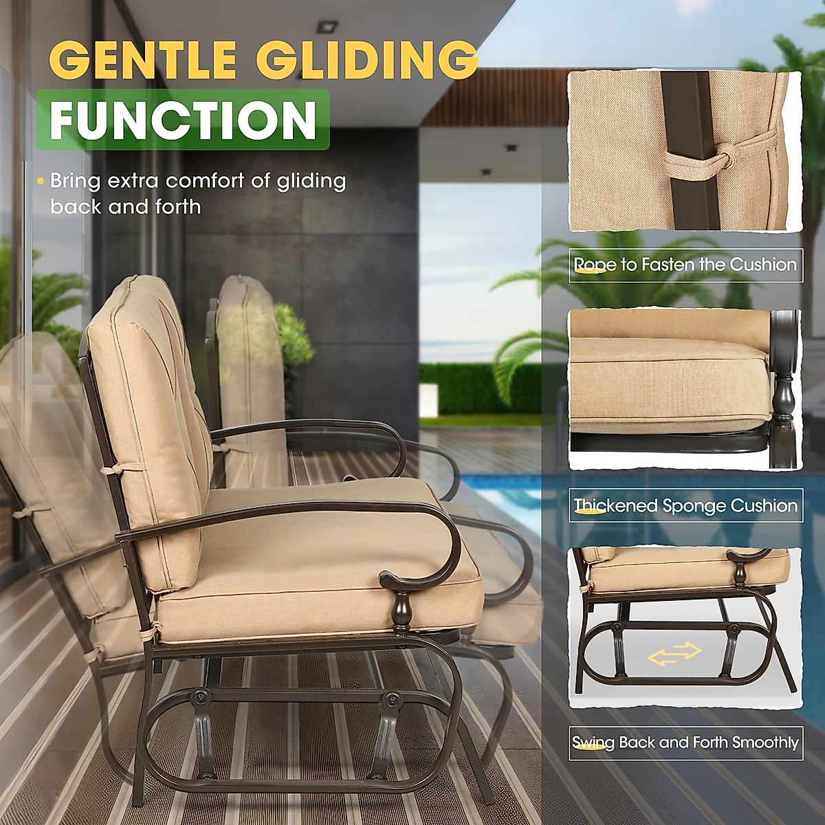 Incbruce 5 Pcs(6 Seats) Outdoor Metal Furniture Sets Wrought Iron Patio Conversation Sets, (Glider, 2 Single Chairs, Loveseat, and Coffee Table) with Cushion (Brown)