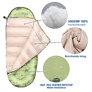 Kids Sleeping Bags for Boys – Military Green Dinosaur – Rioyalo YOLO 45 Camping Sleeping Bags for Kids with Carry Bag - Outdoor and Indoor (Military Dinosaur)