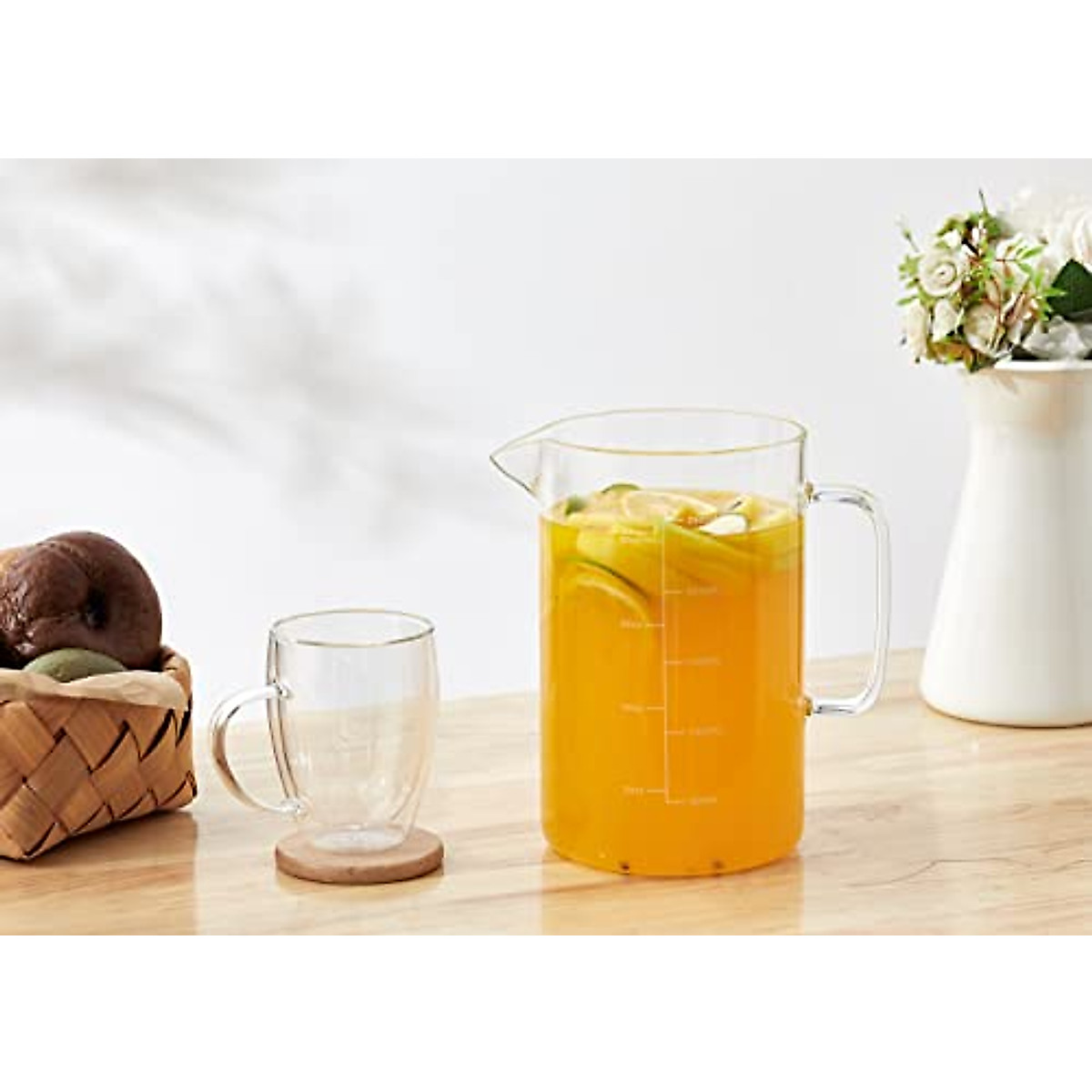 Glass Water Pitcher with Scale Line, Dinner Table Pitcher, Large Serving Carafe for Water, Juice, Sangria, Lemonade, and Milk, Clear Glass Beverage Pitcher (Clear, 85 oz)