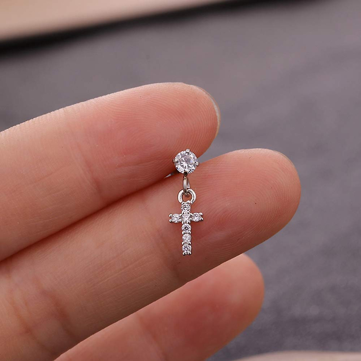 Tiny Dangle Heart Cross Flower 20g Ear Cartilage Helix Surgical Stainless Steel Cubic Zirconia Studs Earrings Screw Backs Ear Tragus Auricle Nose Lip Piercing Jewelry Gifts Bff Birthday (silver)