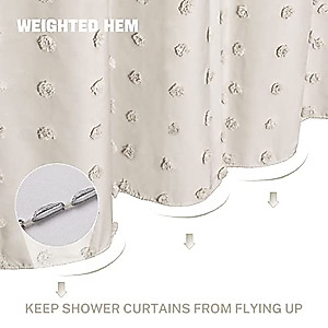 Boho Farmhouse Beige/Cream Shower Curtain Woven Fabric Cute Shower Curtain, 72 x 72 Tufted Pleat Floral Puffs Textured Modern Farmhouse Minimalist Shower Curtain Set with Hooks for Bathroom