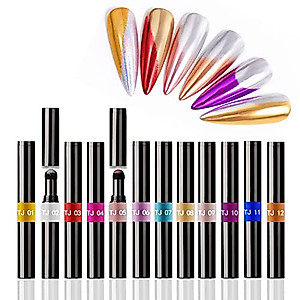 RoseFlower 12 Colors/Set Chrome Nail Powder Pen Holographic Nails Powder with Mirror Effect, Manicure Cushion, Neon Holographic Metallic Luster Powder Aurora Effect Pigment Glitter Fine Nail Art