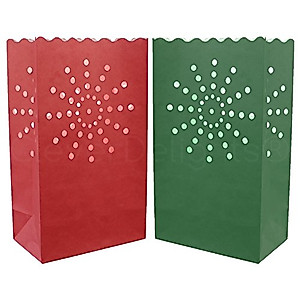 CleverDelights Red and Green Luminary Bags - 30 Count - Sunburst Design - Wedding Party Christmas Holiday Luminaria