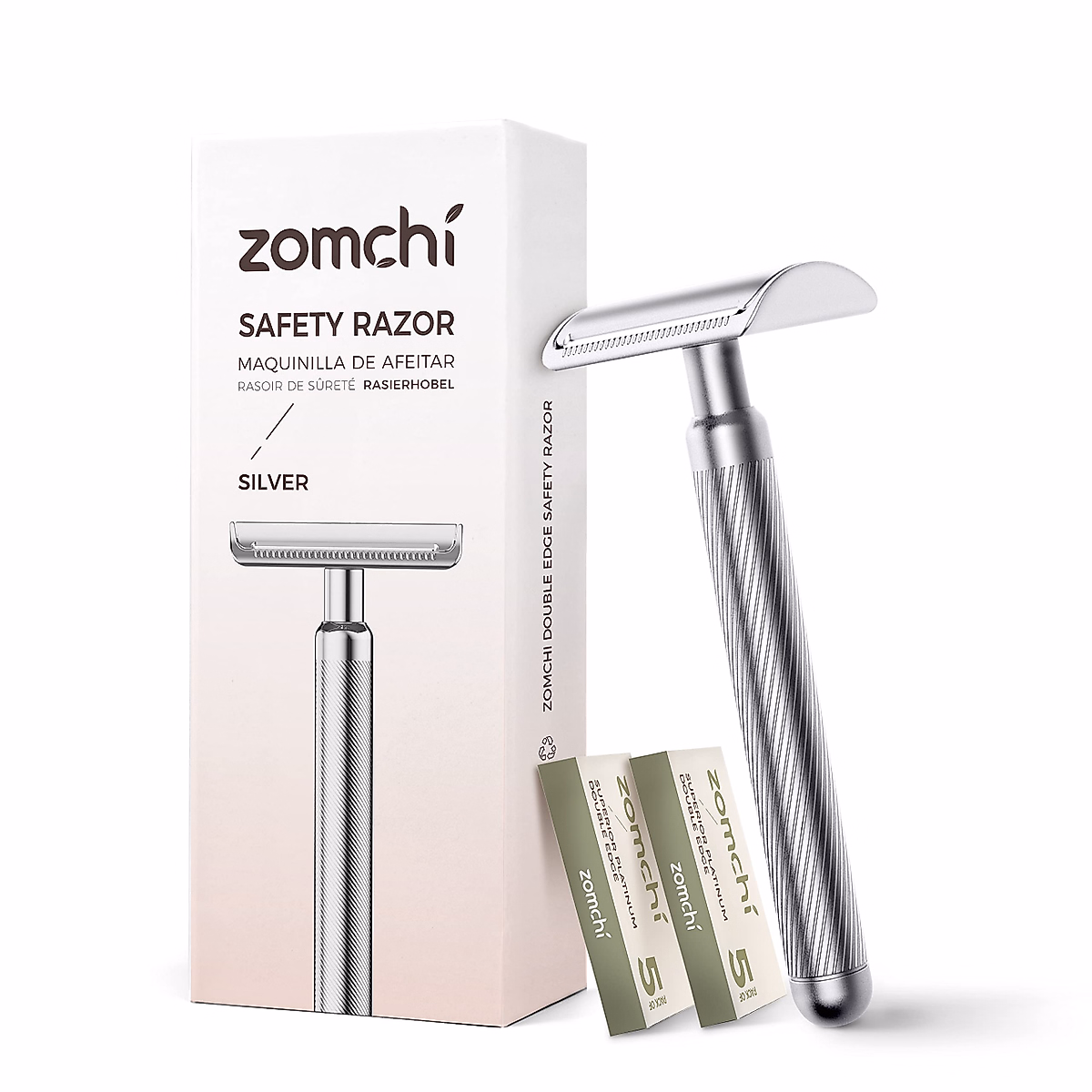 ZOMCHI Double Edge Safety Razor for Men & Women, Premium Metal Razor with 10 Double Edge Safety Razor Blades,Single Blade Razor – Noble Silver