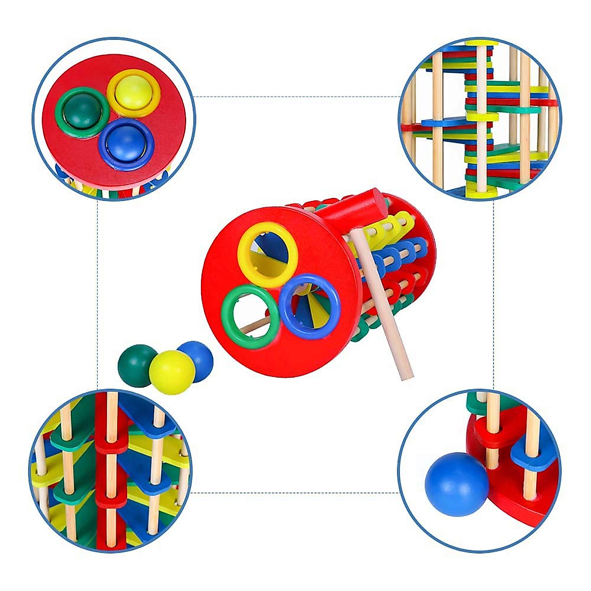 ROLENUNE Wooden Ball Drop Toy Kids Pounding Bench Hammer Pound Roll Ramp Toys Children Educational Montessori Gift for 3 4 5 Years Old Babies and Toddlers