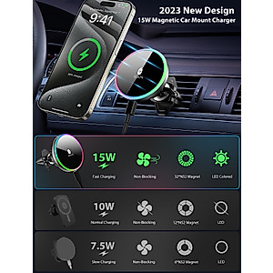 MOKPR for Magsafe Car Mount Charger-15W Wireless Car Charger-Magnetic Car Phone Holder for Dash Air Vent-LED RGB HandsFree Car Mount Fast Car Charger for iPhone 15/14/13/12 Series