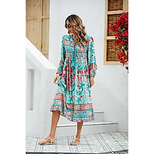 R.Vivimos Women's Long Sleeve Floral Print Retro V Neck Tassel Bohemian Midi Dresses (Large, Light Cyan)