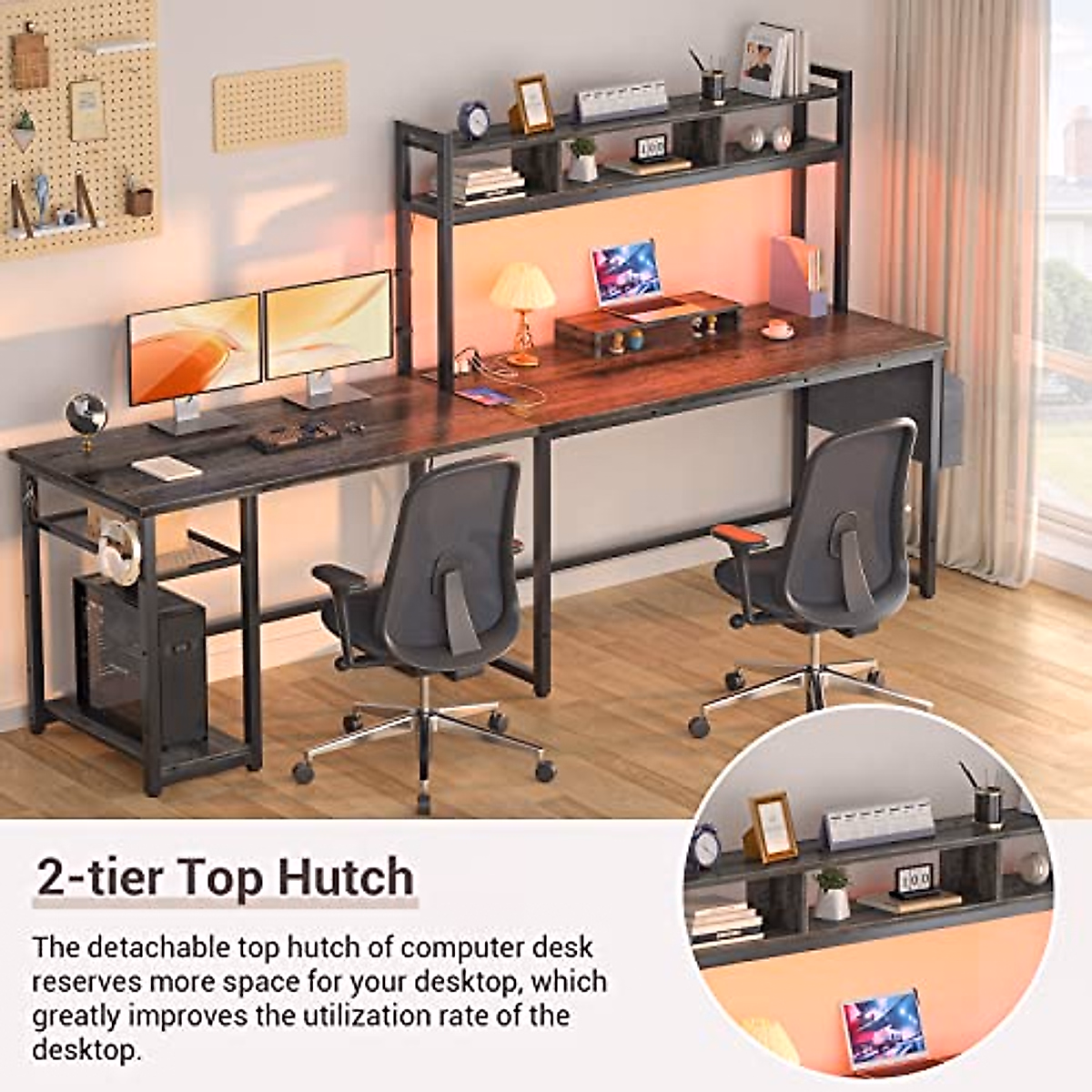 Aheaplus L Shaped Desk with Power Outlet & LED Strip, Reversible L-Shaped Corner Computer Desks Gaming Desk with Storage Shelf & Monitor Stand, Modern 2 Person Home Office Desk Writing Desk, Grey Oak