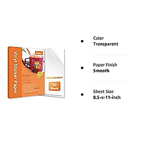 Stampcolour Printable Vinyl Sticker Paper for Cricut,Transparent No-Waterproof, Clear Decal 50 Sheets Self-Adhesive Crafts,Dries Quickly Tear Resistant-for Any Epson HP Canon Sawgrass Inkjet Printer