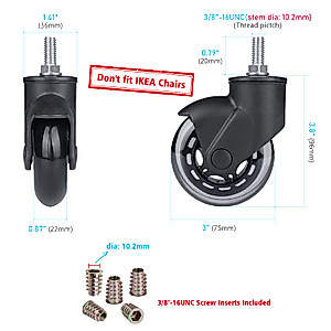 Hirate 3" Office Chair Casters with 3/8"-16UNC Threaded Stem, Mute Caster Roller Replacement Upgraded with Dust-Proof Cover for All Floors,Set of 5 with Furniture Screw Inserts