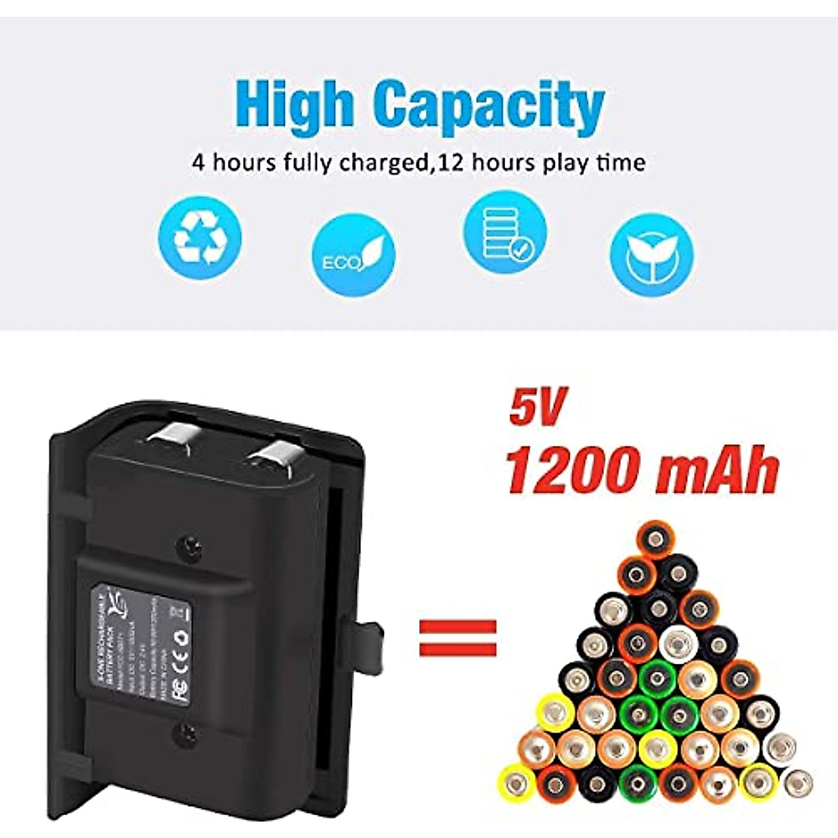 Rechargeable Battery Pack for Xbox One, 2x1200mAH Battery Pack with 4FT 2 in 1 Micro USB Charging Cable, Play and Charge Kit for Xbox One/One S/One X/Elite(Not for Xbox Series X/S Controller)