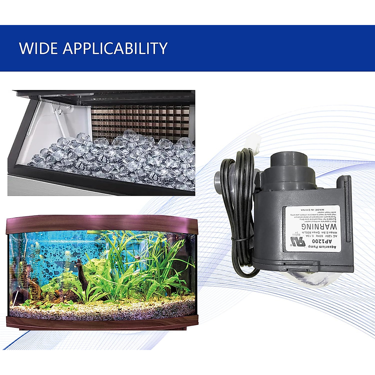 AP1200 AC120V Commercial Large Flow Water Pump Compatible with HZB-30F,HZB-38F,HZB-32,HZB-45,HZB-65,HZB-90,HZB-120,HZB-160 Ice Maker,Small-sized Circulating Submersible Pump,60Hz 0.13A, Hmax: 0.8m