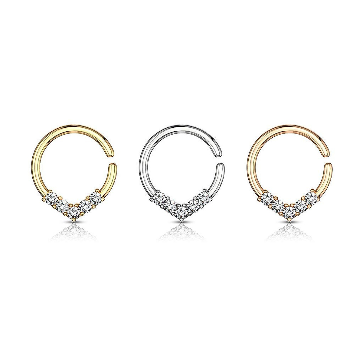 5 CZ Set V Shaped on Round Bendable Cut Ring for Cartilage, Tragus, Septum, and More (Rose Gold)