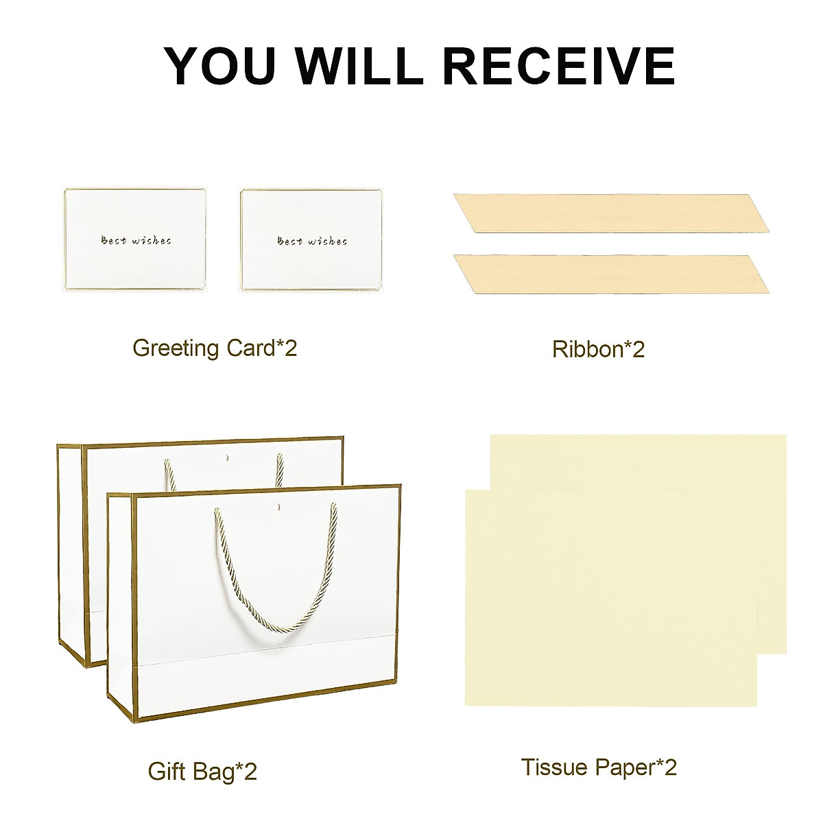 Gfractolux Gift Bags Medium, 2 Pack Gift Bags with Tissue Paper and Cards, Gift Bags with Handles for Birthdays, Baby Shower, weddings, Party Favor, Holiday Presents 11"X7.9"X3.9" (White and Gold)