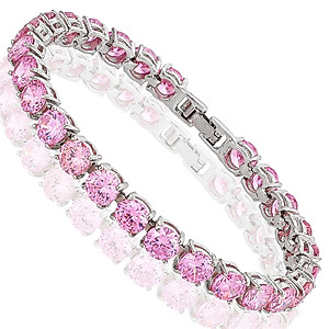 RIZILIA Round Cut Simulated Pink Sapphire CZ 18K Gold Plated Tennis Bracelet, 7"