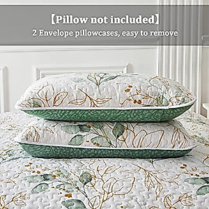 Floral Quilt Queen Size,Green Botanical Queen Quilt 3 Pieces,Reversible Soft Bedspread Queen Size for All-Season(96"x90")