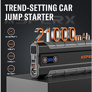 ASPERX AX2500 Car Jump Starter, 2500A Peak Battery Starter for 10L Gas or 7.3L Diesel Engines, 12V Auto Battery Booster, Lithium Jump Box with USB QC3.0, Jump Pack with Built-in LED Light