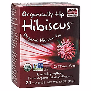 NOW Foods, Organically Hip Hibiscus™ Tea, Caffeine-Free, Non-GMO, No Added Colors, Preservatives or Sugars, Premium Unbleached Tea Bags with our No-Staples Design, 24-Count