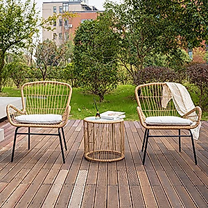 LifeSky Wicker Table Chairs Set - 3 Piece Outdoor Chairs Set - Patio Table Sets with Glass Top Table for Courtyard Garden Brown