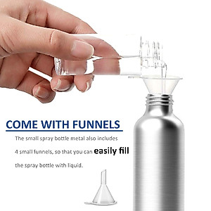 Empty Spray Bottles Travel Size 100ml/3.4oz 5 Pack Small Spray Bottle Aluminum Metal Fine Mist Refillable Atomizer Set with Lids for Liquids Skincare Cosmetic Perfume Storage, with 4pcs Small Funnels