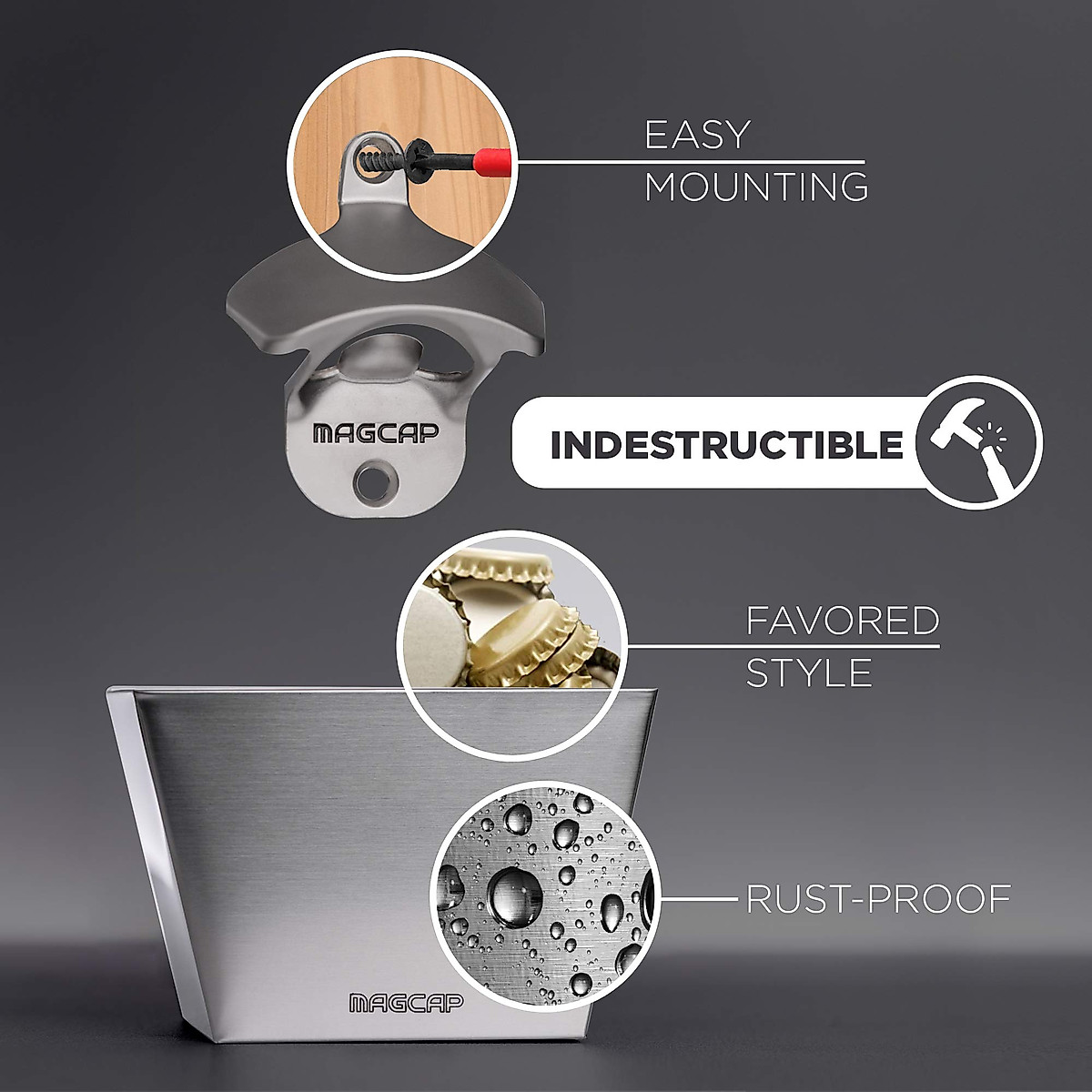 MAGCAP Magnetic Wall Mounted Bar - Style Bottle Opener and Bottle Cap Catcher Set for Beer and Sodas - Stylish, Easy to Install and Effortless to Use - Collects the Caps so You Don't Have to!