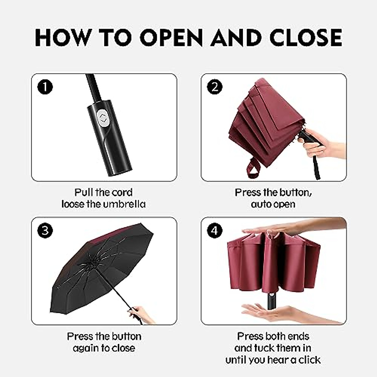 UNDERTREE Windproof Umbrellas for Rain, Double Canopy Folding Umbrella with 10 Fiberglass Ribs, Compact Travel Umbrella, One Button Auto Open/Close, Burgundy-23