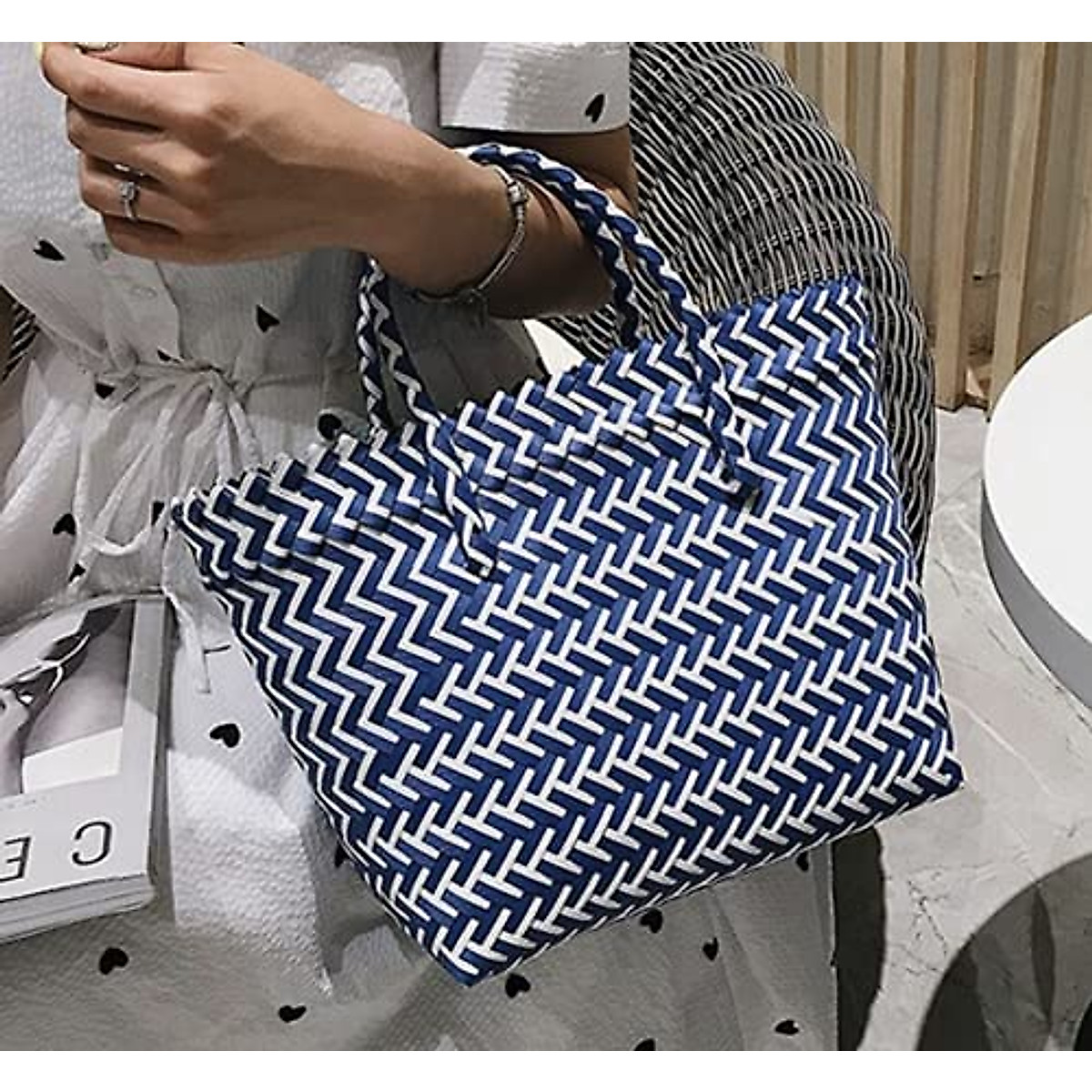 Goodly Beach Bag/Handmade Woven Market Tote Bag/Woven Versatile Large Top Handle Bag(Blue)