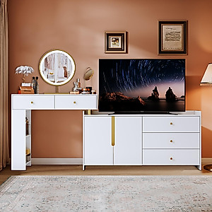 Vanity desk with mirror and lights, 3 Color Touch Screen,Modern Retractable Makeup Dressing Table with Adjustable Cabinet and 5 Sliding Drawers,Vanity Table Set ,Writing Desk Bedroom Essential,White