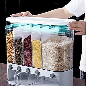Xilei Dry Food Dispenser,Wall mounted 5 Grid Cereal Dispenser,Rice dispenser 25 pounds Kitchen Storage with Measuring Cup