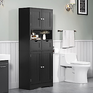 Quimoo Tall Storage Cabinet, Bathroom Cabinet with Drawers & Adjustable Shelves, Bathroom Storage Cabinet for Living Room, Kitchen, Black
