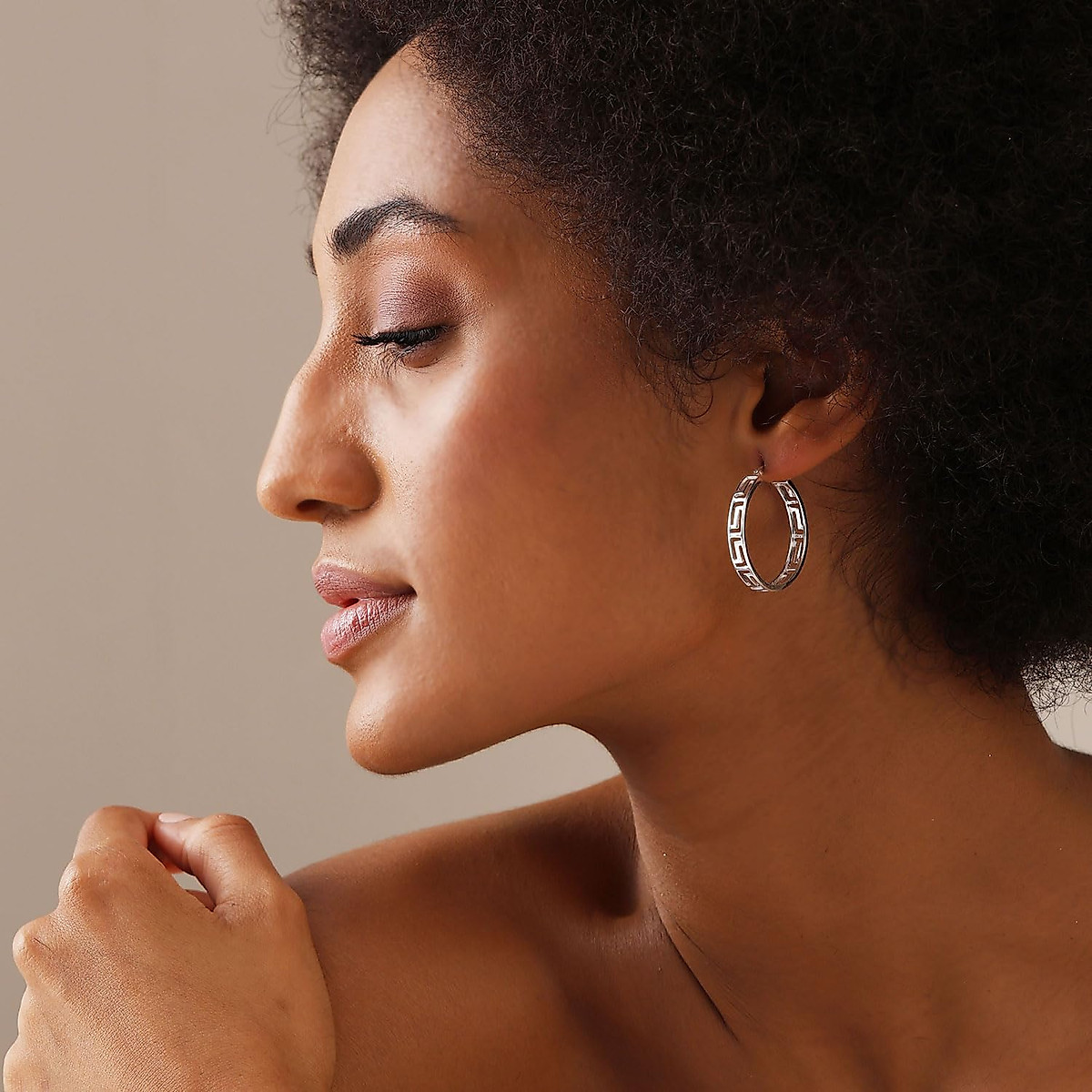 LeCalla 925 Sterling Silver Greek Key Pattern Hoop Earrings | Medium Lightweight Greek Wall Cut-Out Hoop Earrings for Women - 30MM