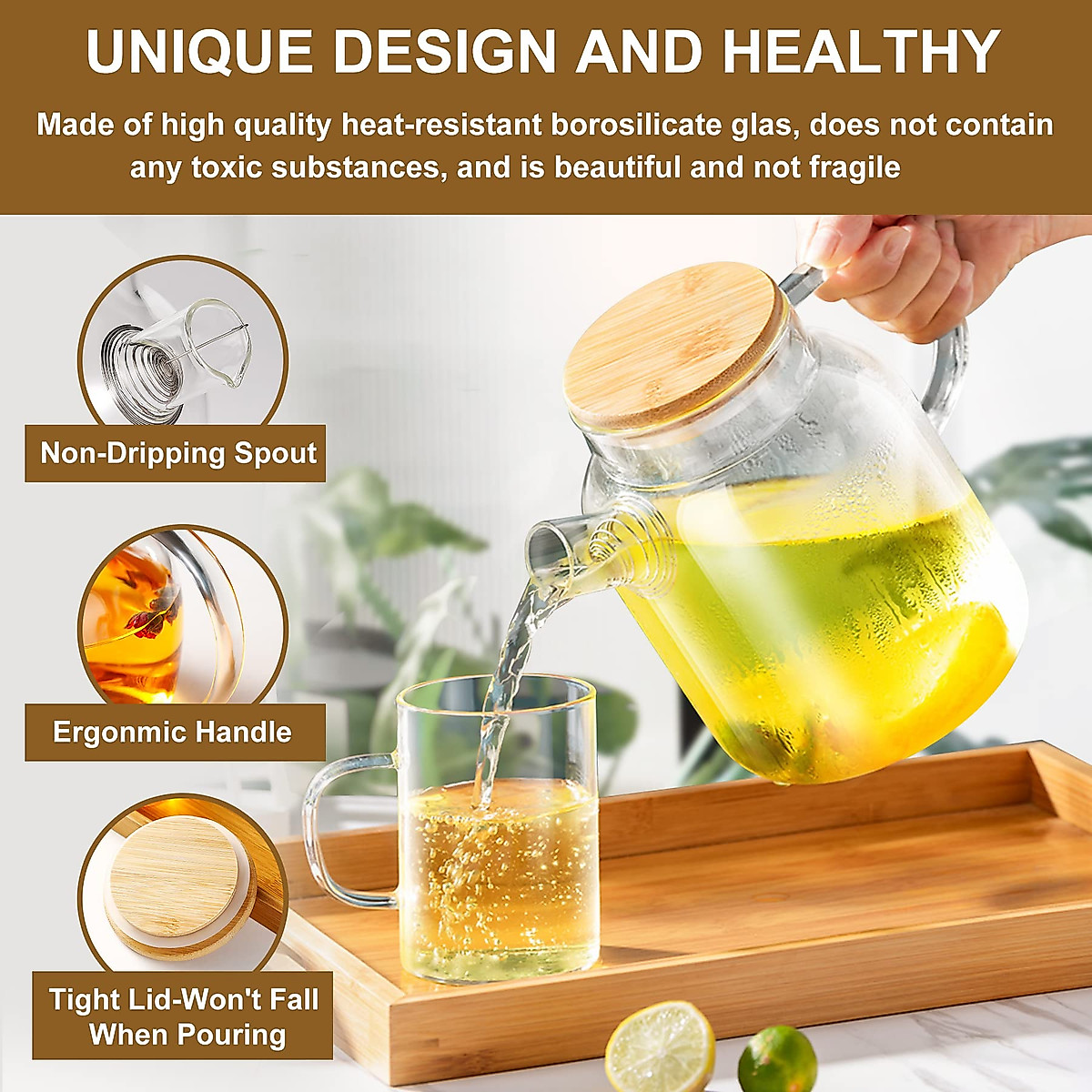 Glass Teapot Stovetop & Microwave Safe, 34oz/1000ml Glass Borosilicate Teapot with Removable Filter Spout, Glass Teapots with Bamboo Lid, Teapot for Loose Leaf, Fruit Tea, Blooming Tea