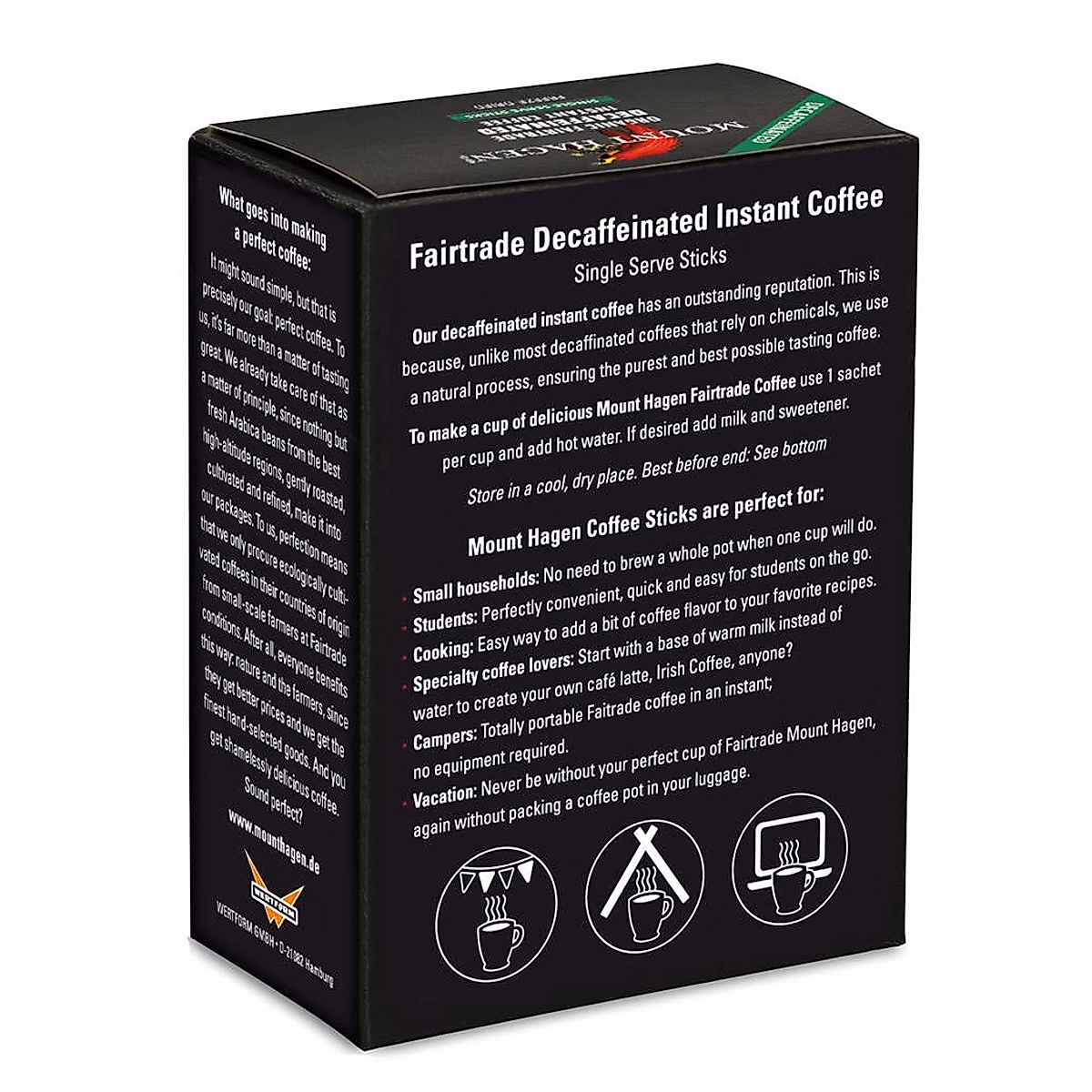 Mount Hagen 25 Count Single Serve Instant Decaf Coffee Packets | Decaffeinated Organic Medium Roast Arabica Beans | Eco-friendly, Fair-Trade [25 sticks/1.76oz/50g]